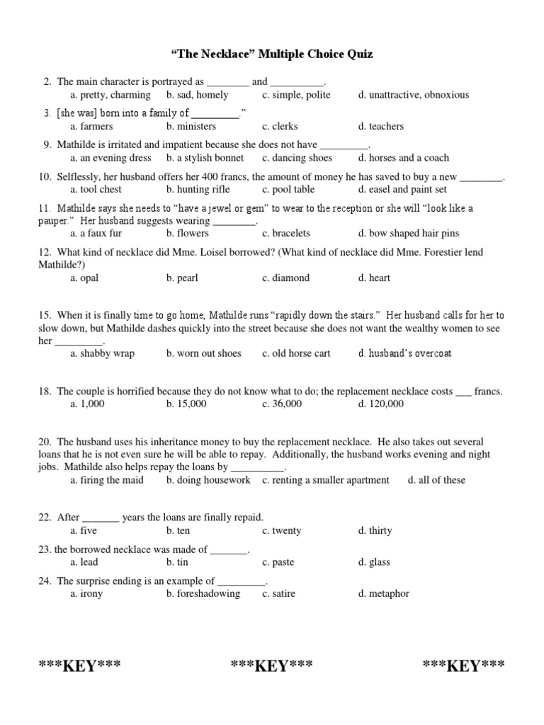 "The Necklace" MCQ Quiz and Answers | PDF | Plot (Narrative) | Fashion