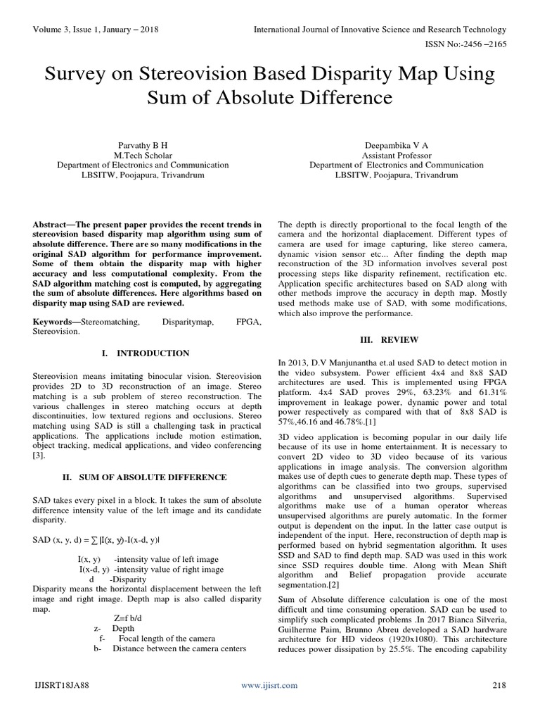 Survey On Stereovision Based Disparity Map Using Sum of Absolute Difference | Download Free PDF ...