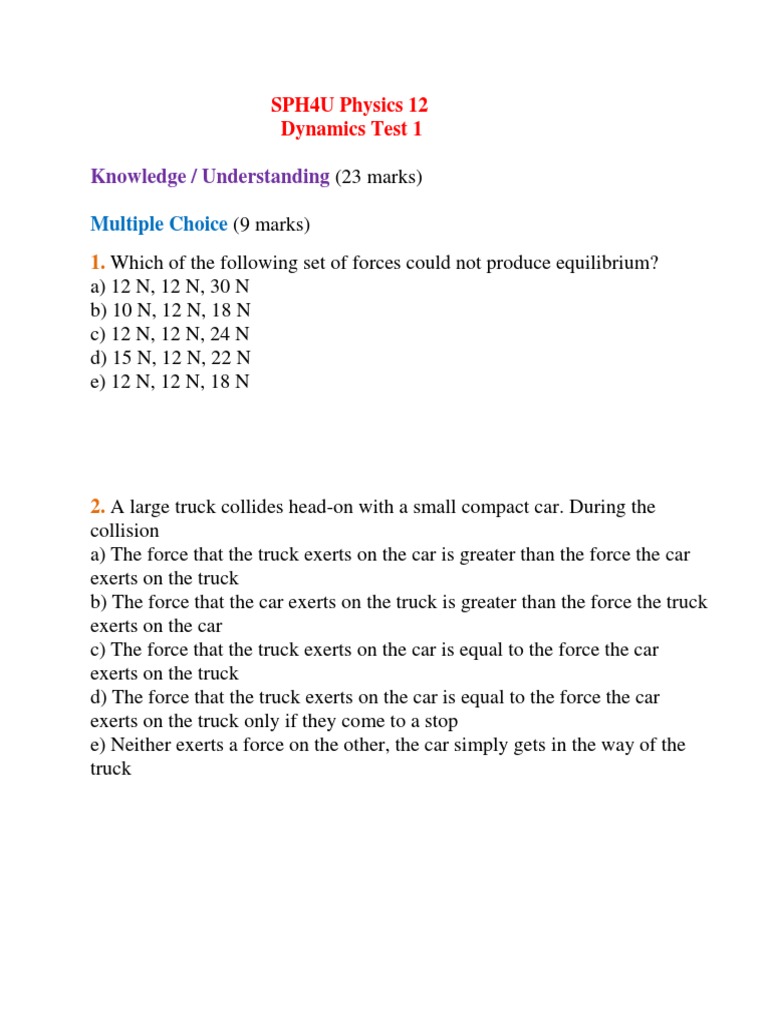 SPH4U Dynamics Test 1 | Download Free PDF | Acceleration | Force