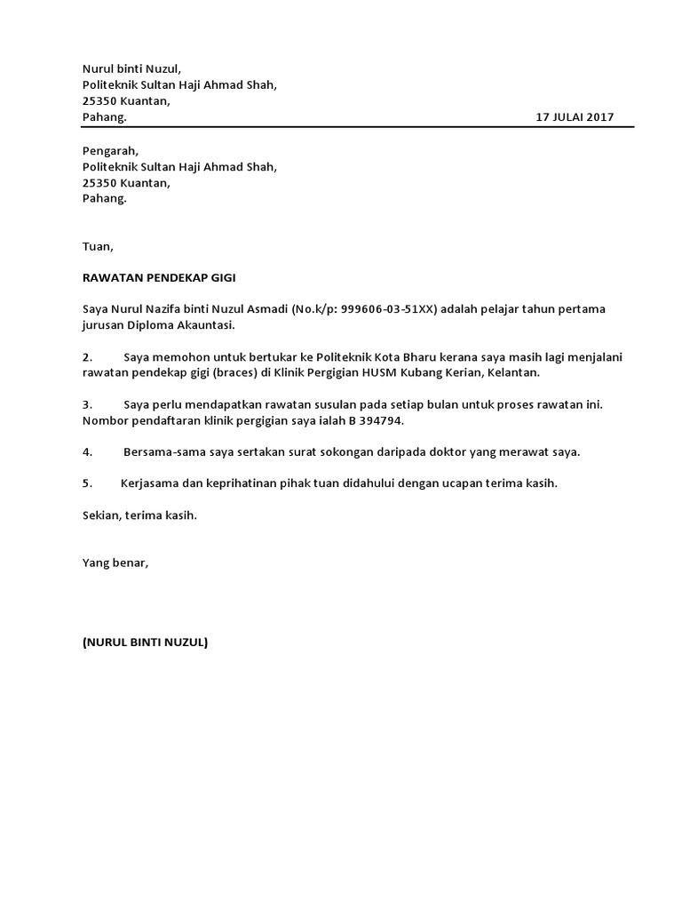 Contoh Surat Rasmi Permohonan Pertukaran Tempat Belajar Disebabkan ...