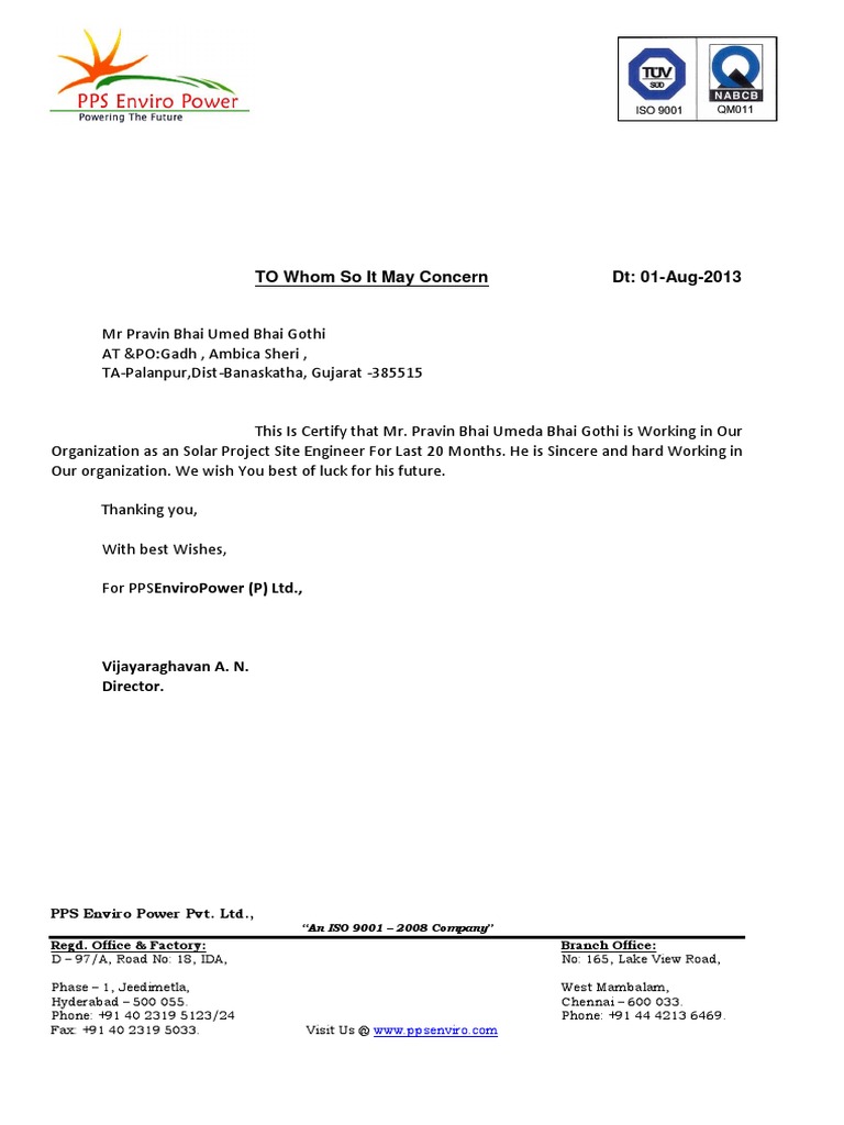 Employment Certification for Solar Engineer | PDF | Business