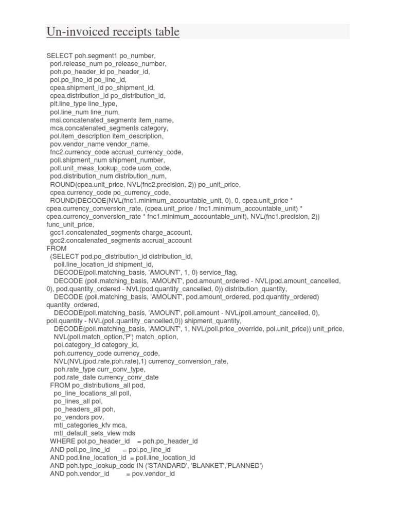 Uninvoiced Receipts Table | PDF | Technology & Engineering