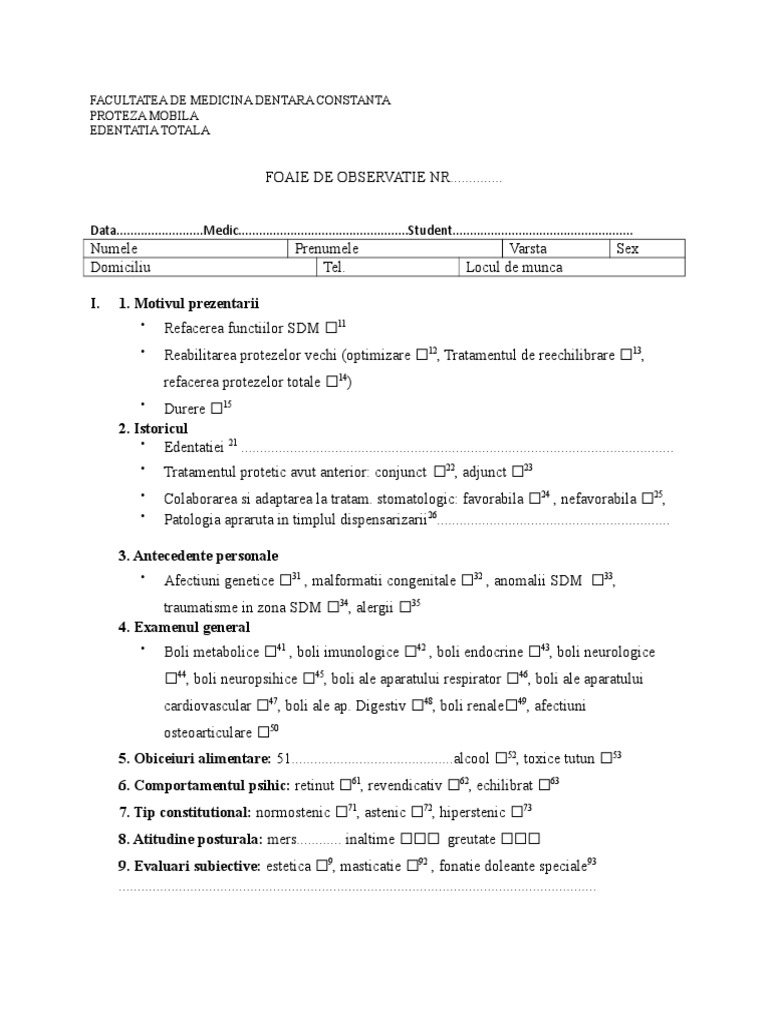 Foaie de Observatie Edentatia Totala | PDF