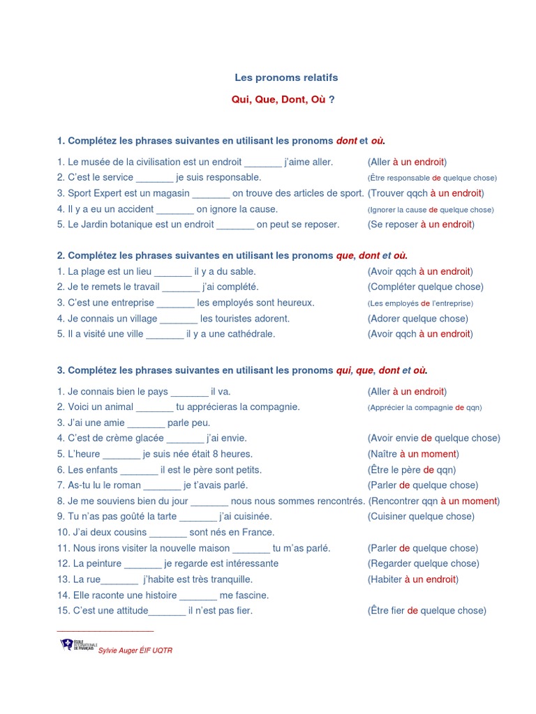 Les Pronoms Relatifs Qui, Que, Dont Et Ou Exercices PDF | PDF | Échecs ...