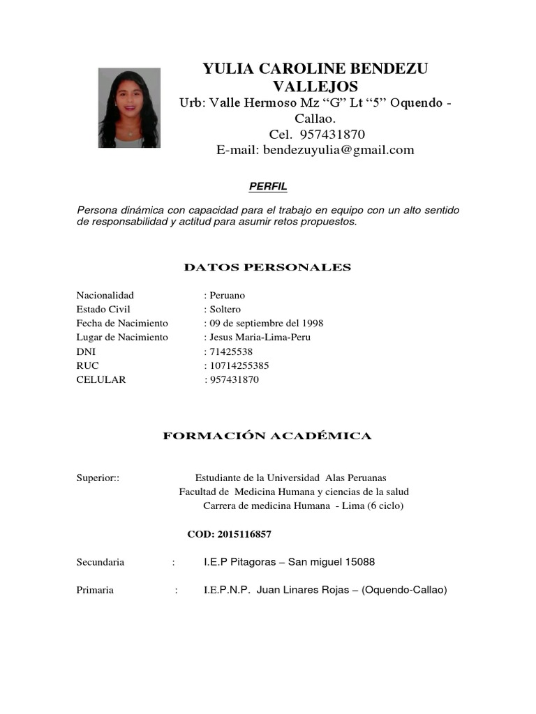 YULIA CAROLINE BENDEZU VALLEJOS CV | PDF