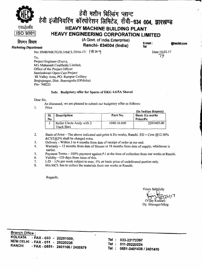 Budgetary Offer For Spares of EKG 4.6 Shovel | PDF | Business