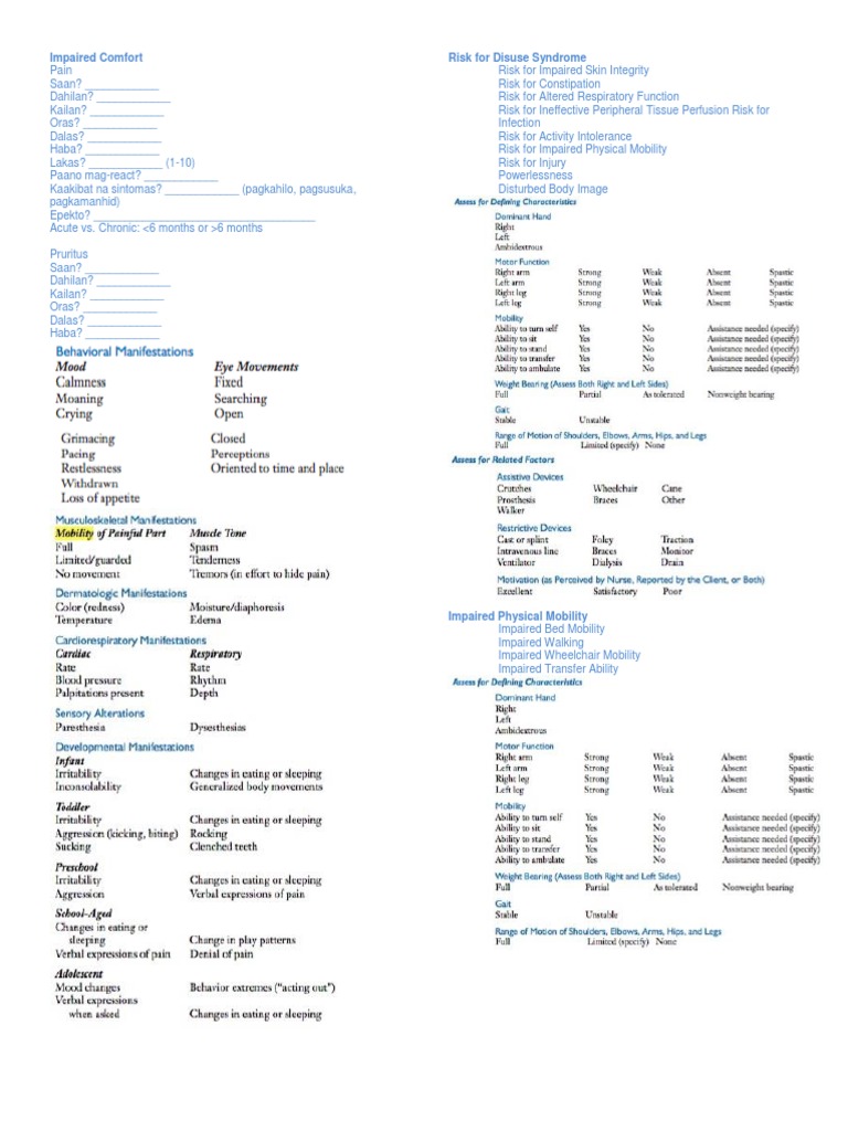 Ortho Assessment Form | Paresthesia | Pain