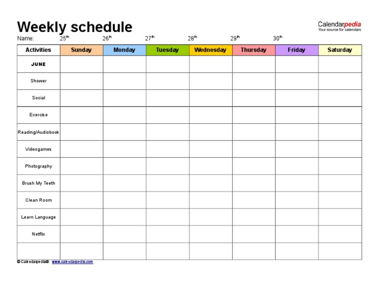 Weekly Schedule Sunday To Saturday in Color | PDF