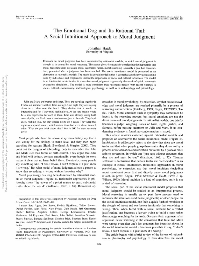 The Emotional Dog and Its Rational Tail - Intuitionist Approach To ...