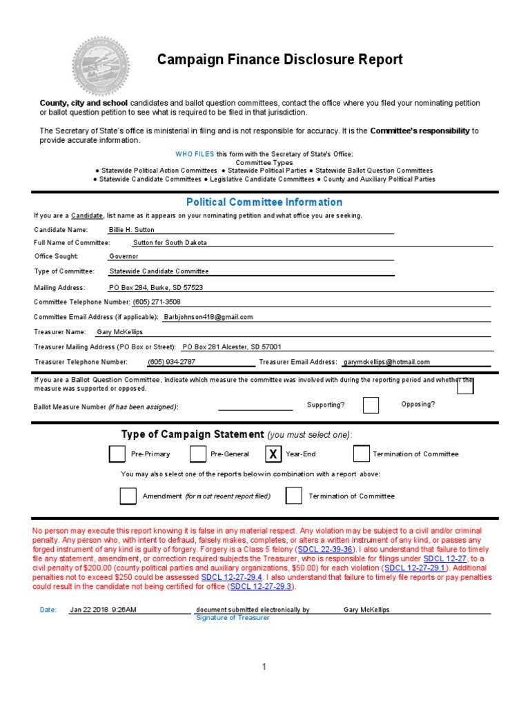 Billie Sutton 2017 Campaign Finance Disclosure Report | Download Free ...