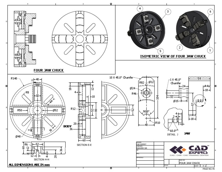 45_four Jaw Chuck Final | Computer Aided Design | Technical Drawing ...