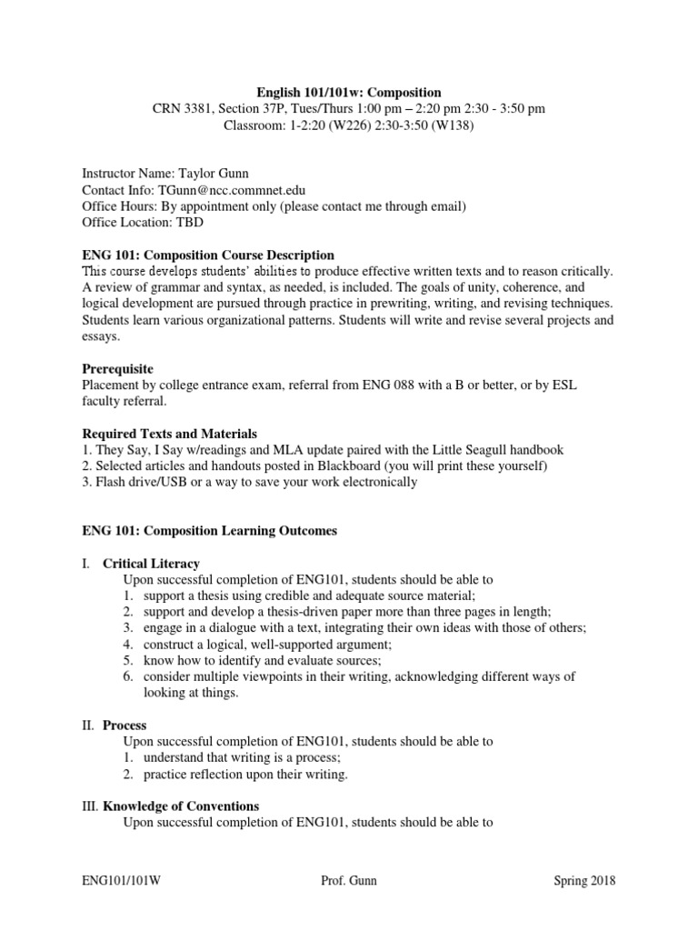 ENG101 Composition Course Overview | PDF | Rhetoric | Essays