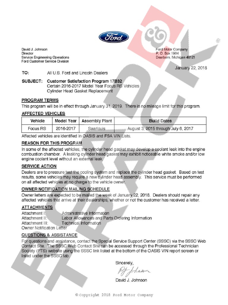 Bulletin To Ford Dealership Service Departments | PDF