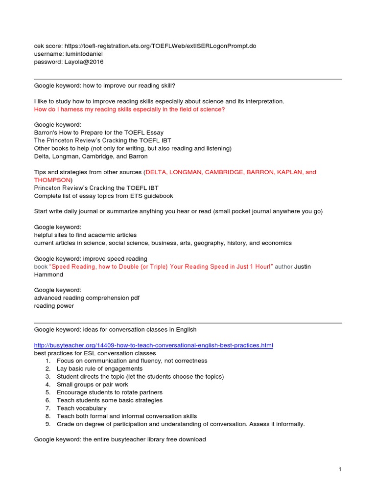 TOEFL Notes | PDF | English As A Second Or Foreign Language | Reading ...
