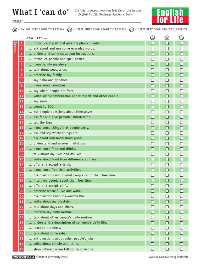 English For Life Beginner - Can - Do - Chart PDF | PDF