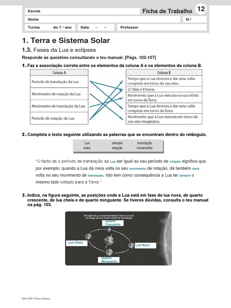 Dpa7 Ficha Trabalho 12 Proposta Resolucao Terra SistSolar | PDF | Eclipse | Lua