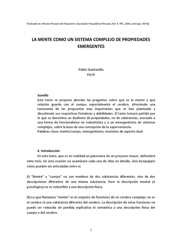 La Mente Como Un Sistema Complejo de Propiedades Emergentes | PDF ...