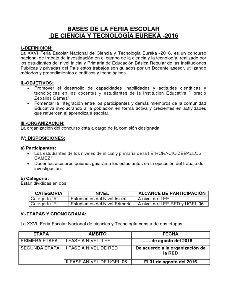 Bases de La Feria Escolar Nacional de Ciencia y Tecnología Eureka | PDF ...