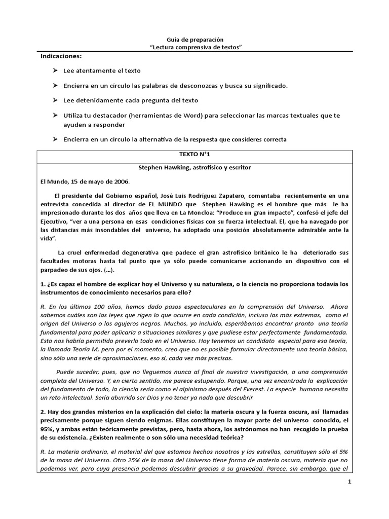 Guia de Comprension Lectora Escritura y Seleccion Multiple | PDF ...
