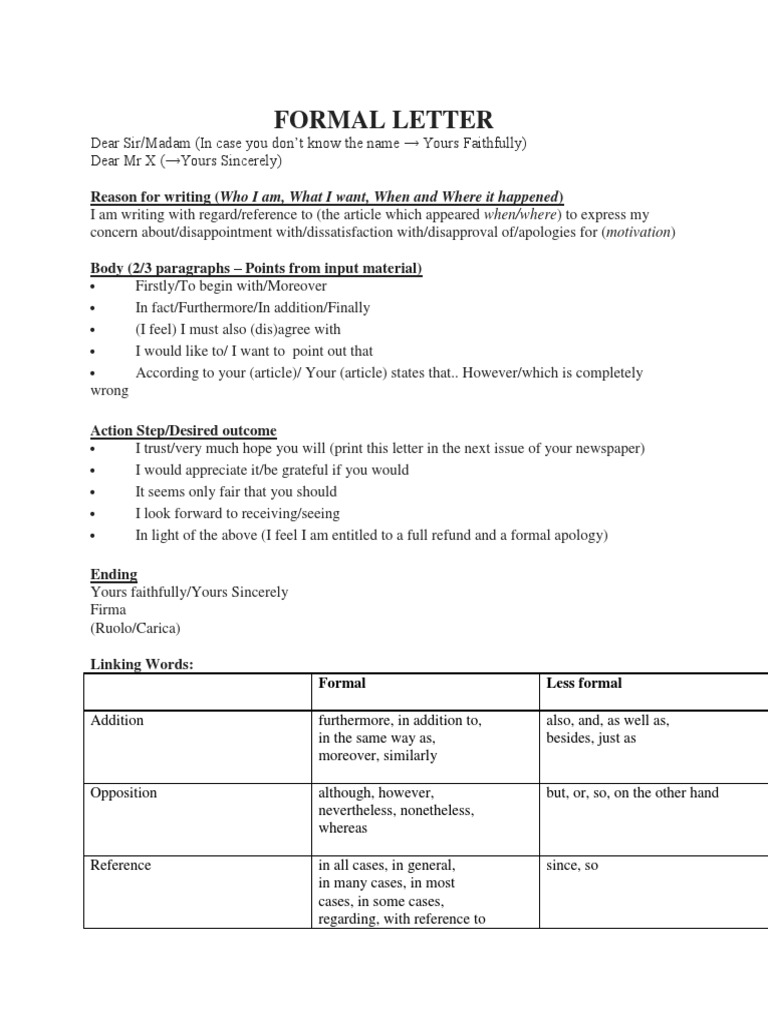 Formal Letter: Reason For Writing (Who I Am, What I Want, When and ...