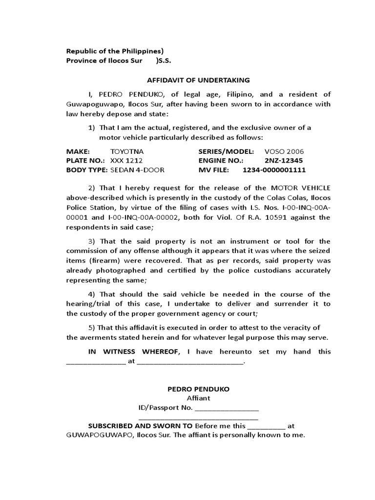 Affidavit of Undertaking For Release of Vehicle Pedro Penduko | PDF