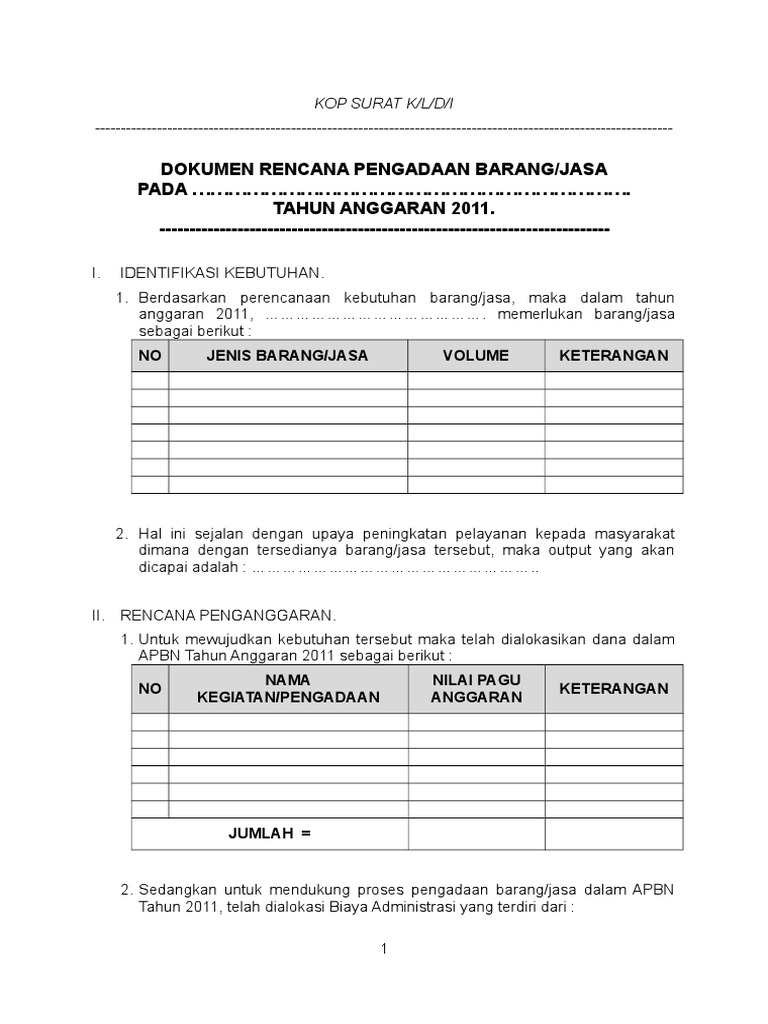 Contoh Rencana Pengadaan Barang Dan Jasa | PDF