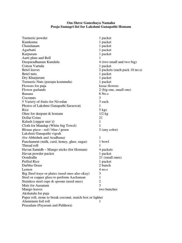 Ganapathi Homam List | PDF | Nature | Religion And Belief