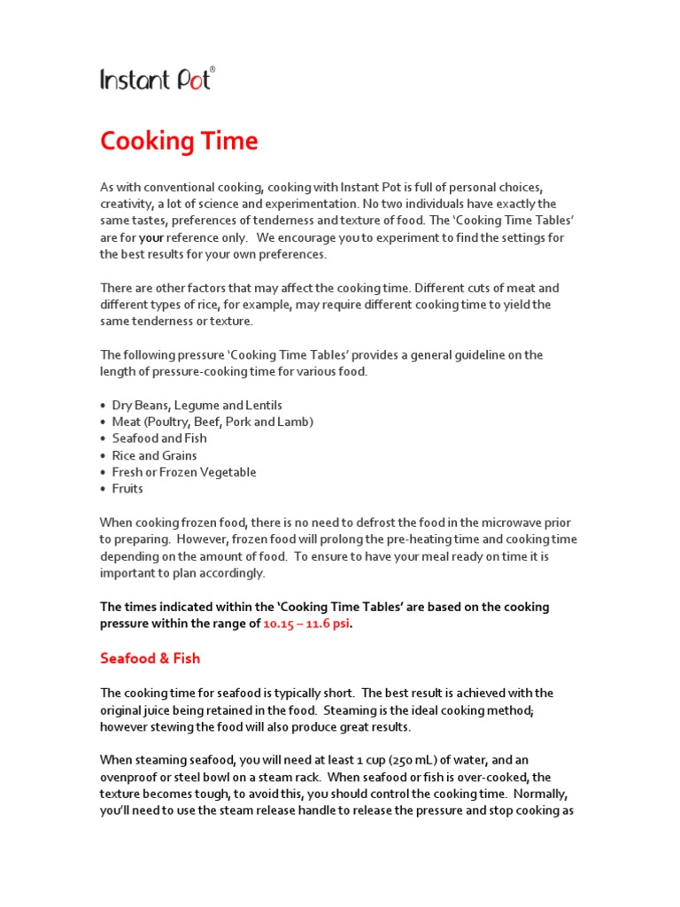 Instant Pot Cooking Time Guide | PDF | Beef | Bean