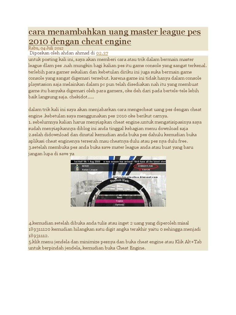 Cara Menambahkan Uang Master League Pes 2010 Dengan Cheat Engine | PDF