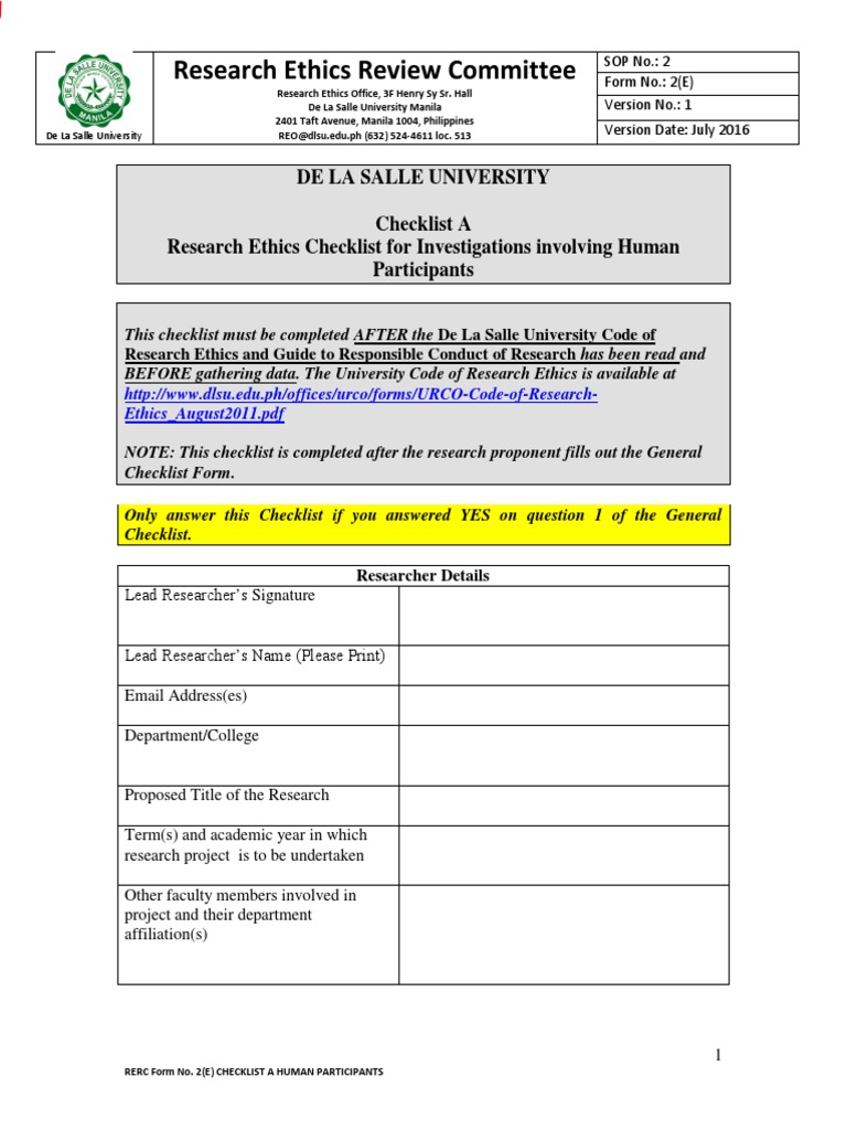 Research Ethics Checklist: Guiding Ethical Research Involving Human ...