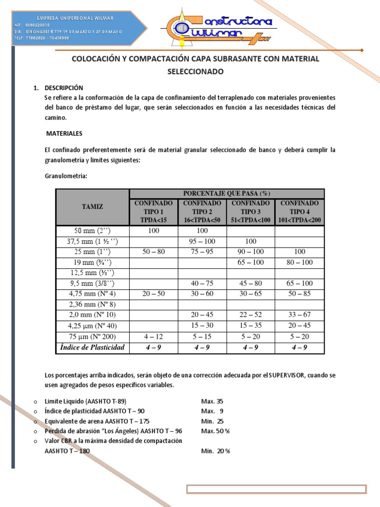 Colocación y especificaciones técnicas de la capa subrasante para un ...