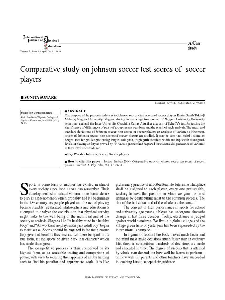 Comparative Analysis of Johnson Soccer Test Scores Among Different ...