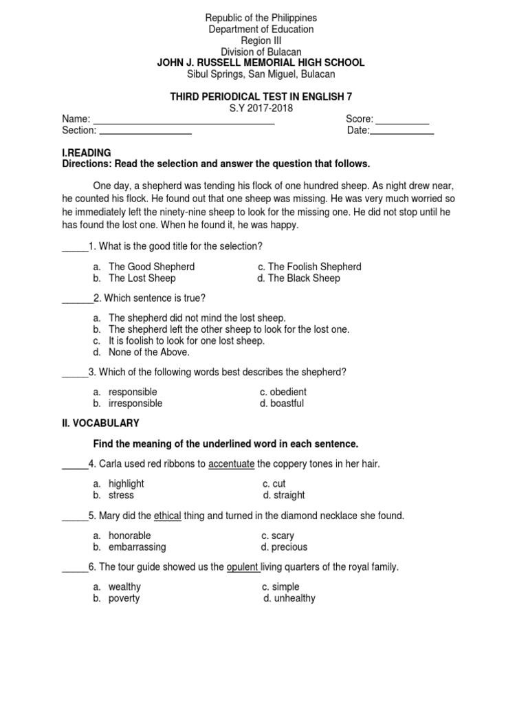 Grade 7 English 3rd Periodical Test | PDF | Adverb | Adjective