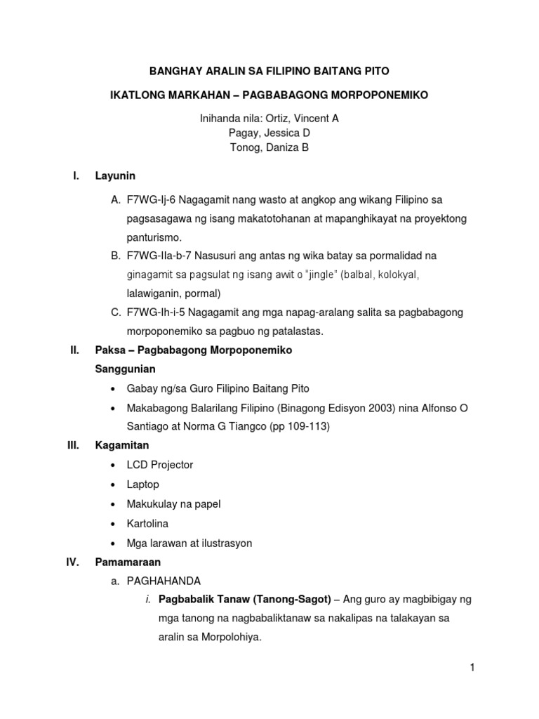 Banghay Aralin Sa Filipino Baitang Pito New | PDF