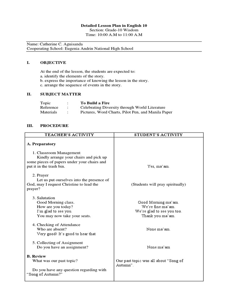 Detailed English Lesson Plan for Grade 10 | PDF | Cognition | Teachers