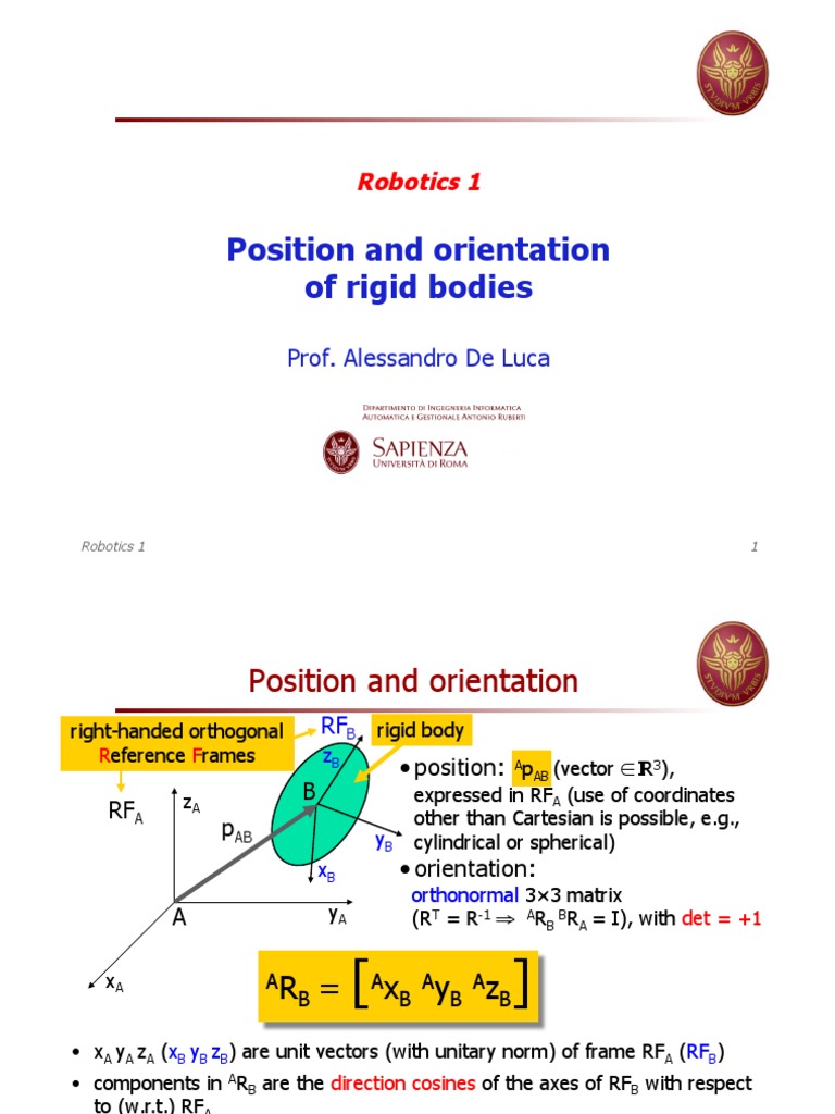 Position and Orientation of Rigid Bodies: Robotics 1 | PDF ...