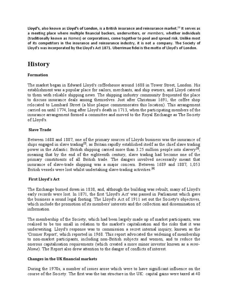 History: Lloyd's, Also Known As Lloyd's of London, Is A British ...