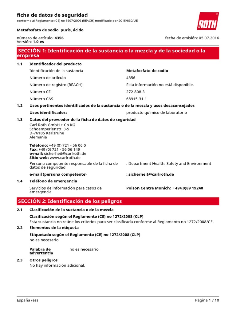Ficha Metafosfato de Sodio | PDF | Toxicidad | Toxicología