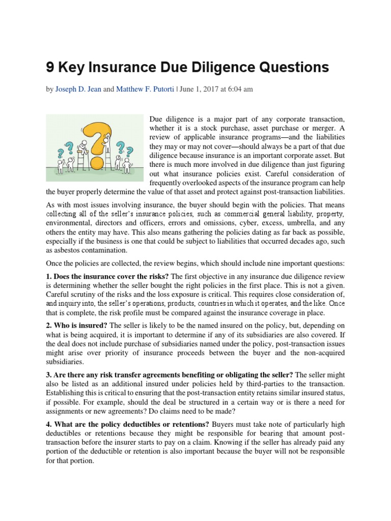 Essential Insurance Due Diligence Questions | PDF | Due Diligence ...