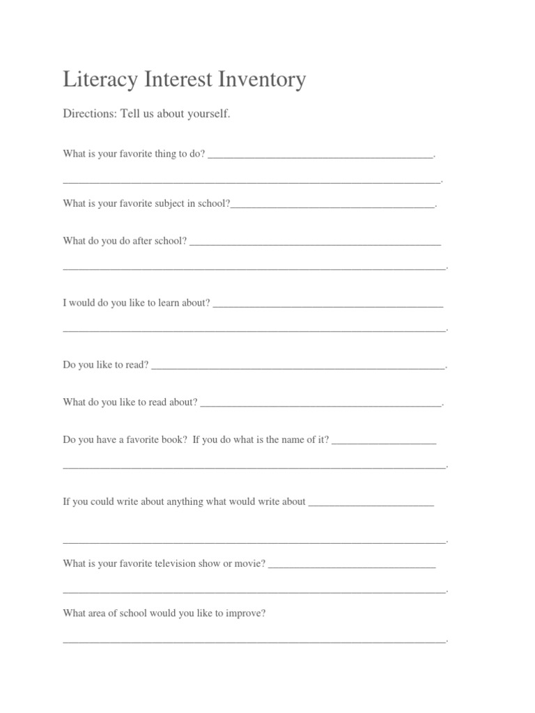 Literacy Interest Inventory: Directions: Tell Us About Yourself | PDF