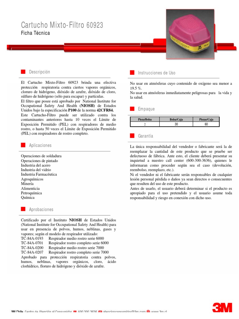 Ficha Técnica del Filtro 3M 60923 | PDF | Cloro | Hidrógeno