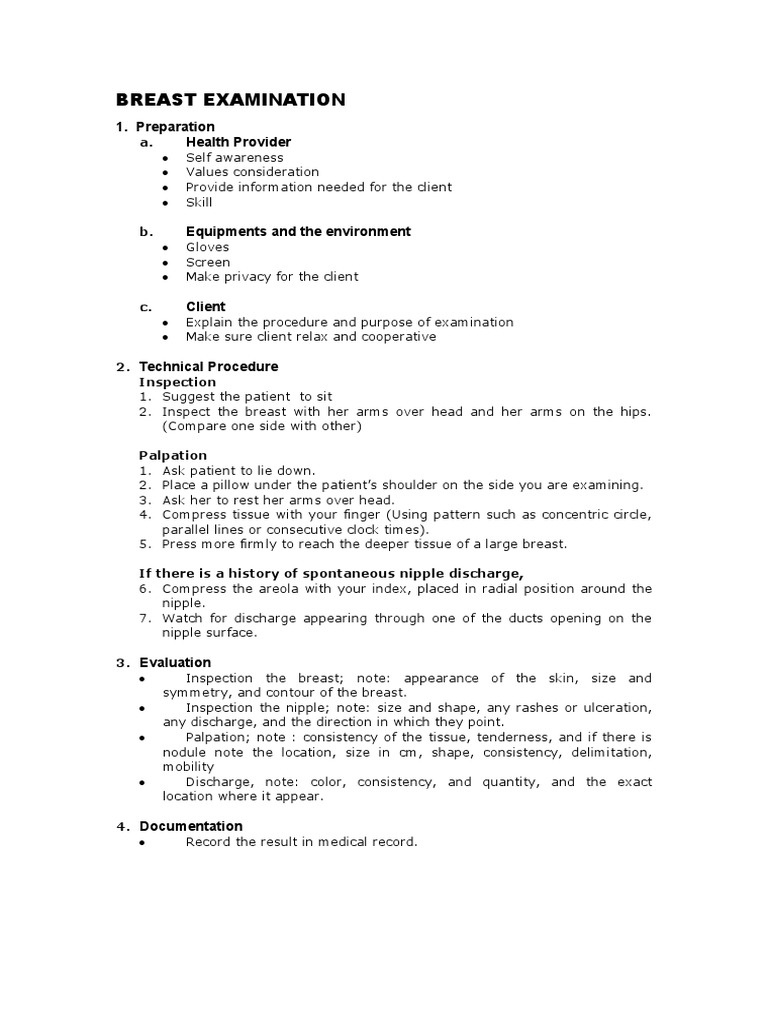 Breast Examination: 1. Preparation Health Provider | PDF