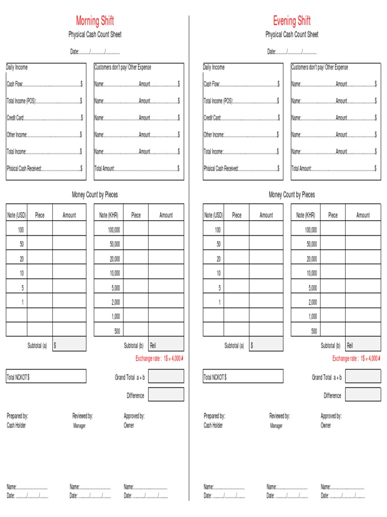 Cash Count Form | PDF | Financial Services | Service Industries