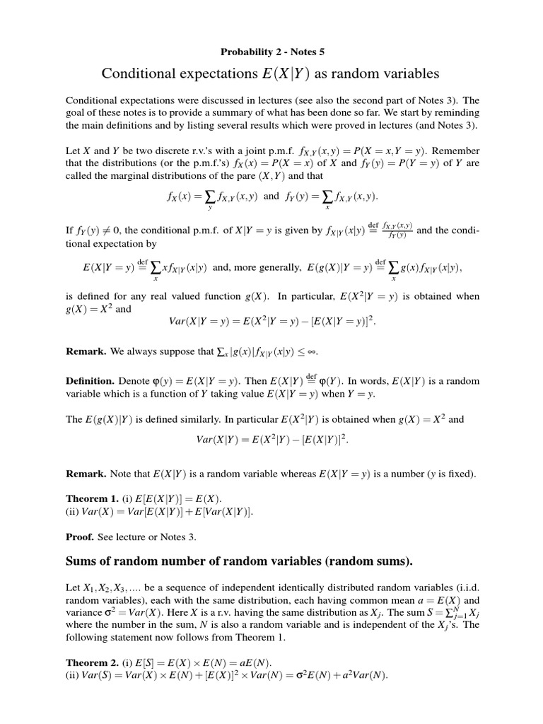 Conditional Expectations E (X - Y) As Random Variables: Sums of Random ...