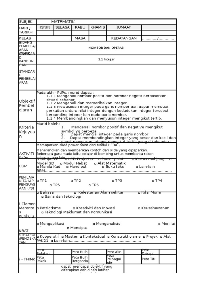 RPH Matematik Tingkatan 1 | PDF
