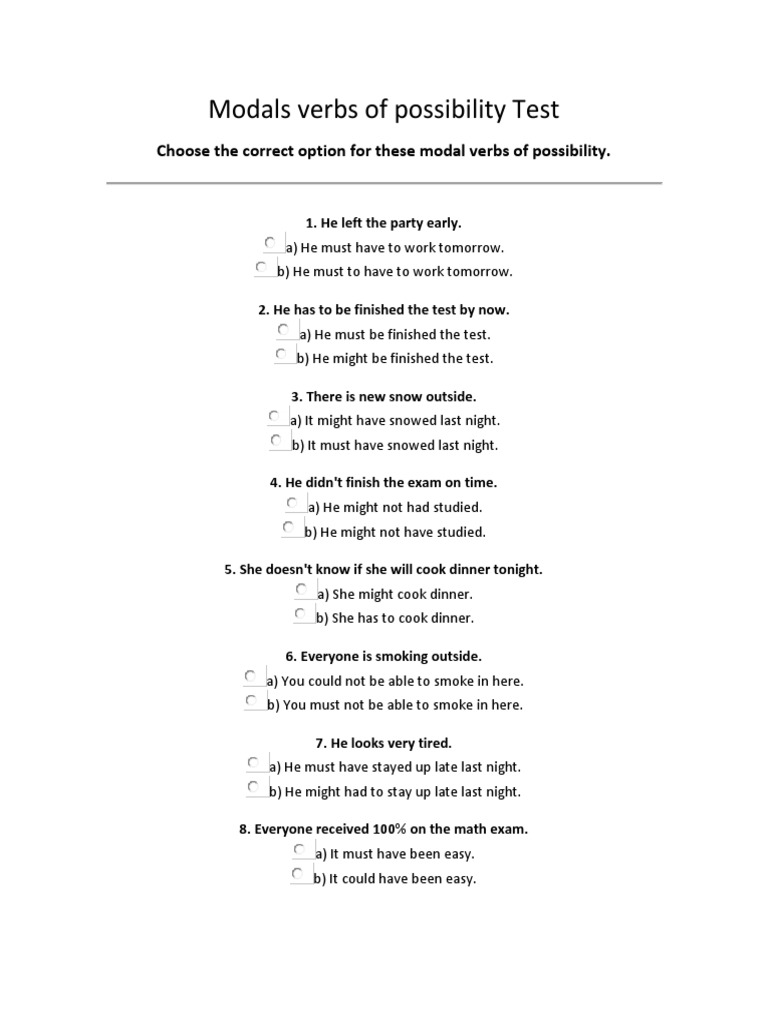 Modals Verbs of Possibility Test | PDF | Test (Assessment) | Grammar