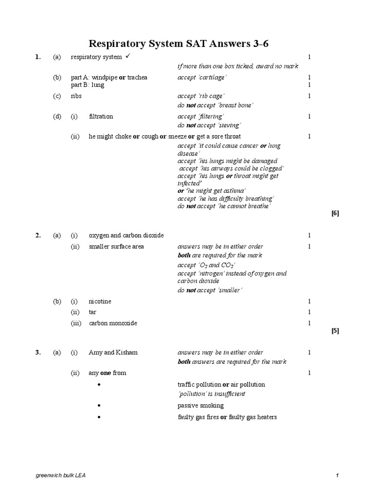 Respiratory System SAT Answers 3-6 | PDF | Respiratory Tract | Lung