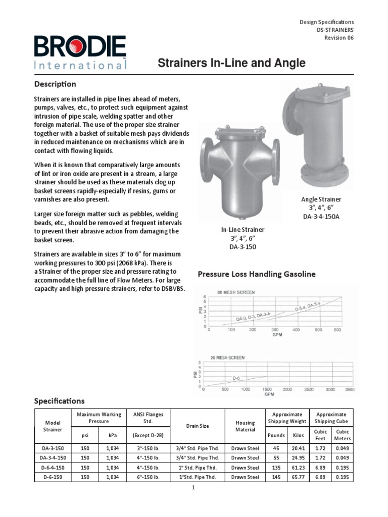 Specifications and Dimensions for In-Line and Angle Strainers | PDF ...