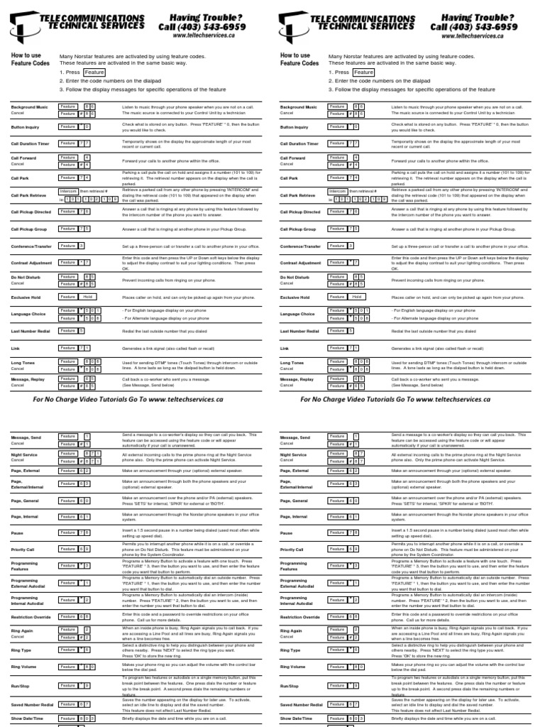 Norstar Feature Codes , Norstar ICS Telephone Feature Guide – PLLZ