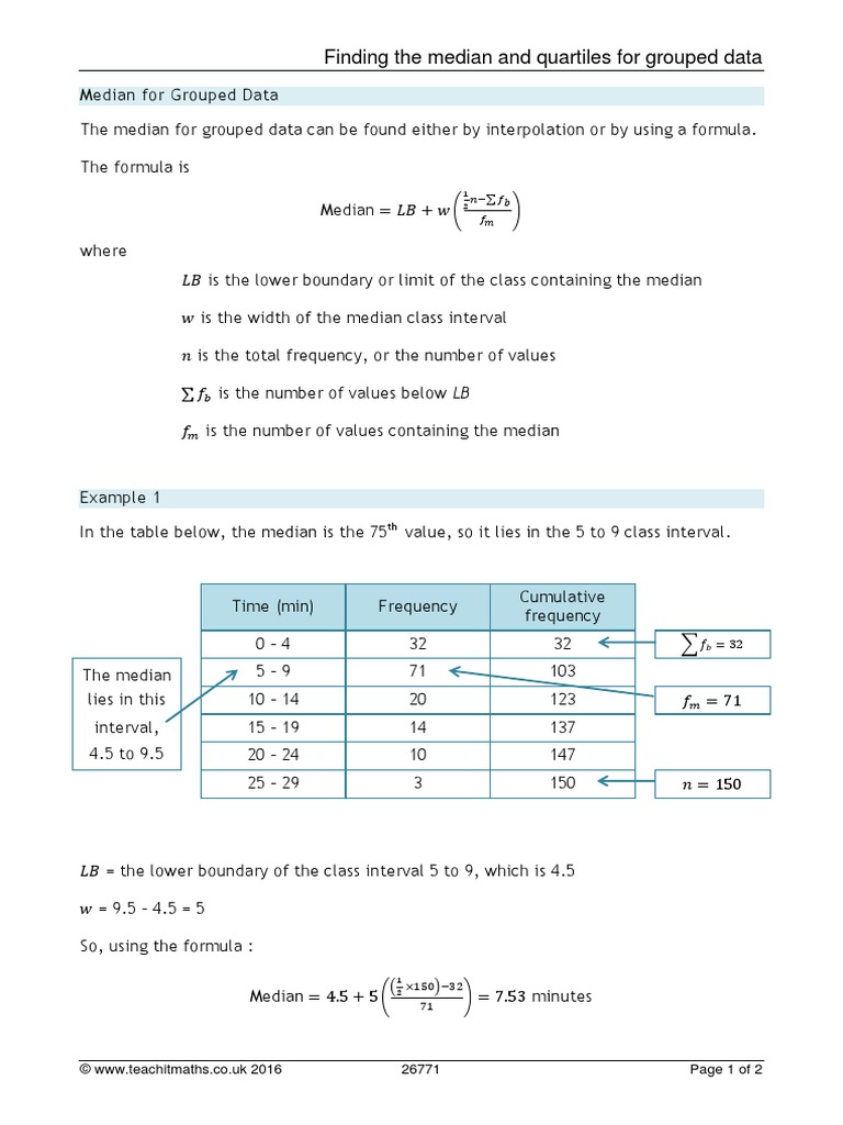 Finding The Median and Quartiles For Grouped Data: © WWW - Teachitmaths.co - Uk 2016 26771 Page ...